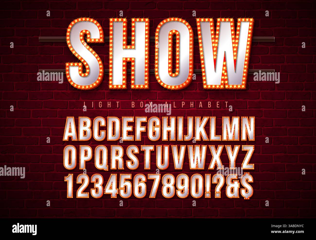 Vector Light Bulb Alphabet with Red Frame and Shadow on Brick Wall ...