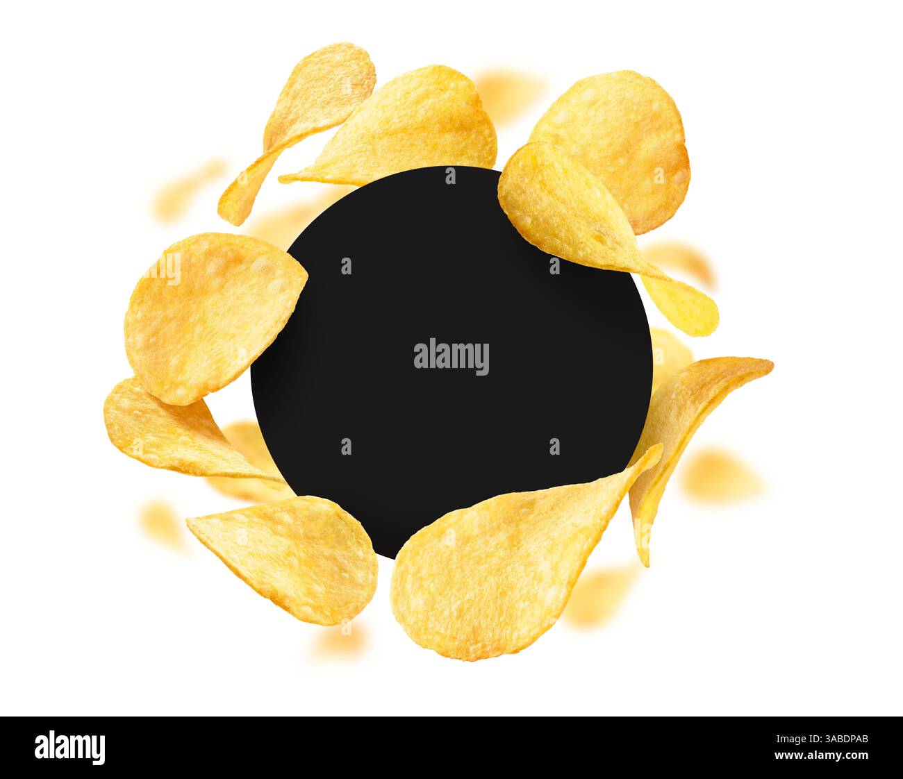 Potato chips on a white background with a black circle in the center ...