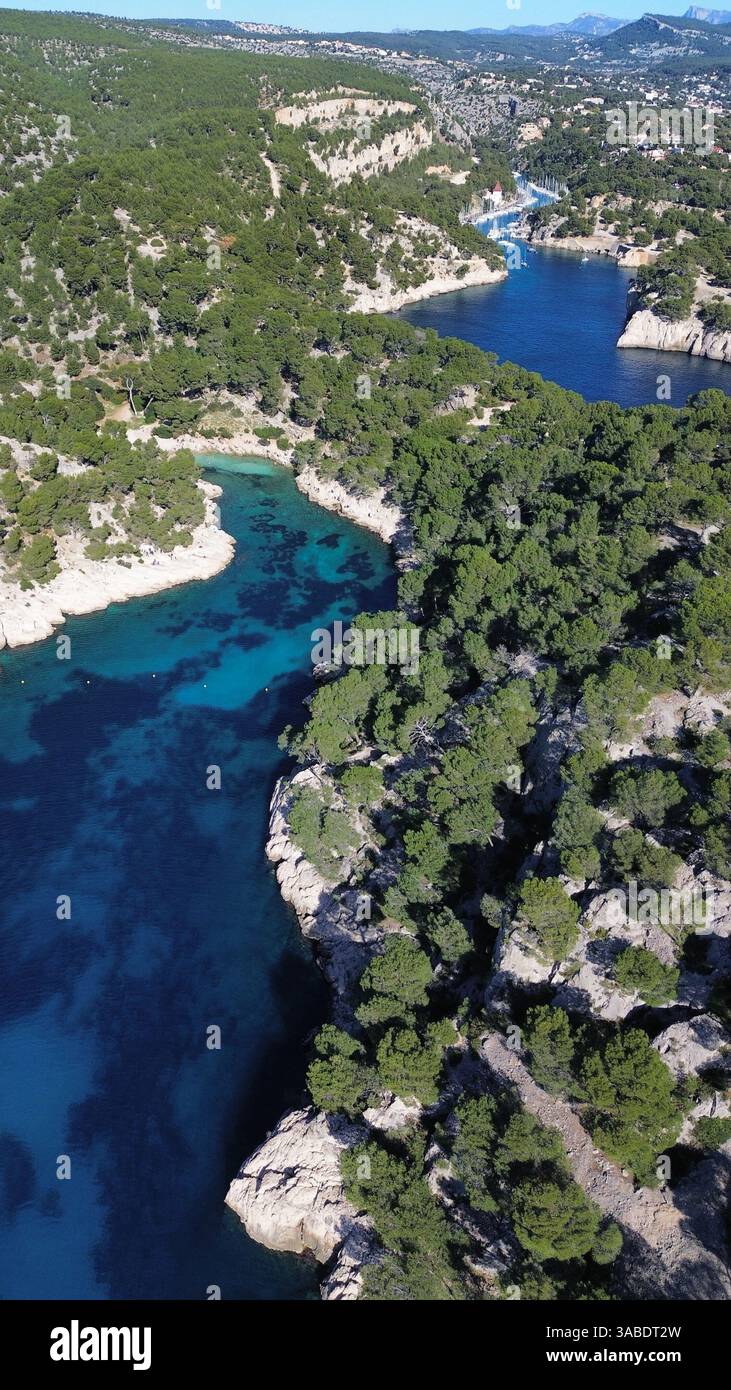 Aerial view of Port-Pin Cove, a hidden rocky inlet with turquoise water ...
