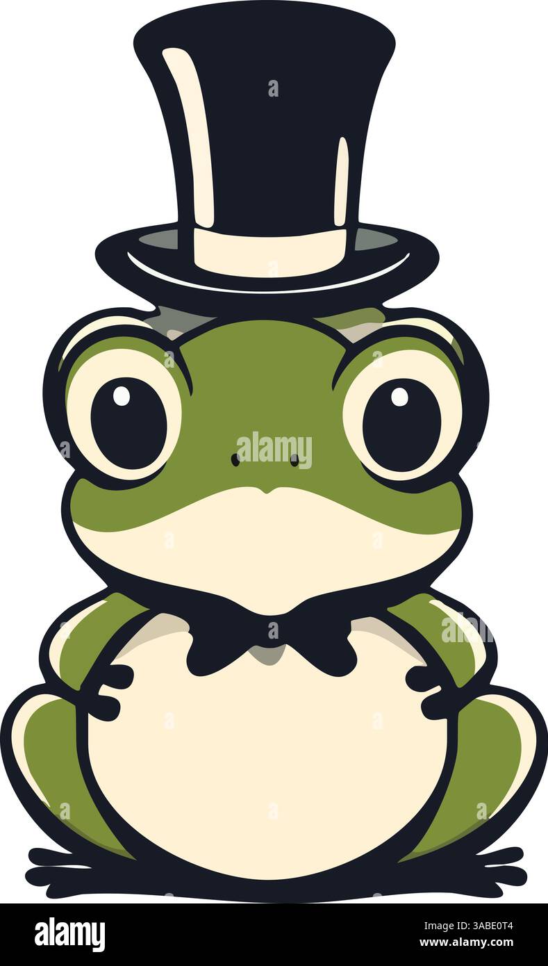 A cartoon frog wearing a black top hat and bow tie, sitting upright ...