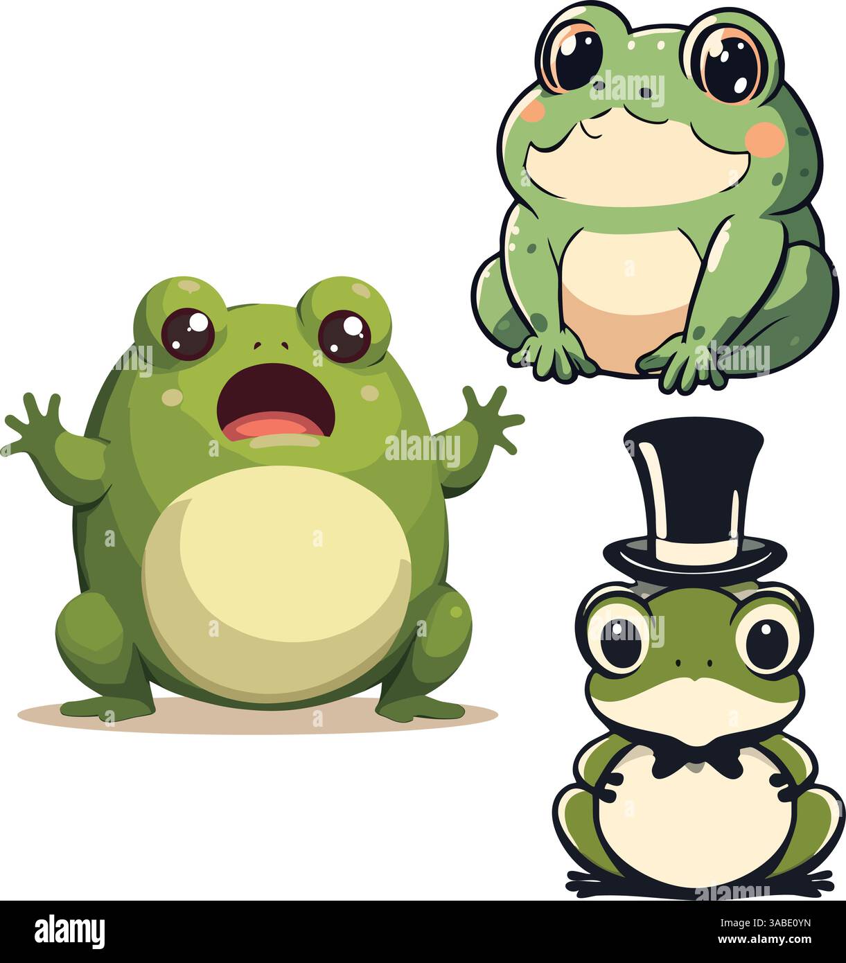 Three cartoon frogs with different expressions and accessories. One ...