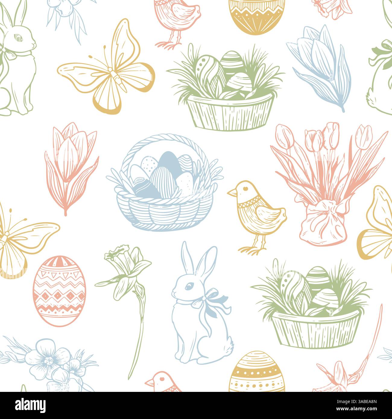 Hand drawn seamless pattern. vintage easter elements. Spring collection sketch illustrations ...
