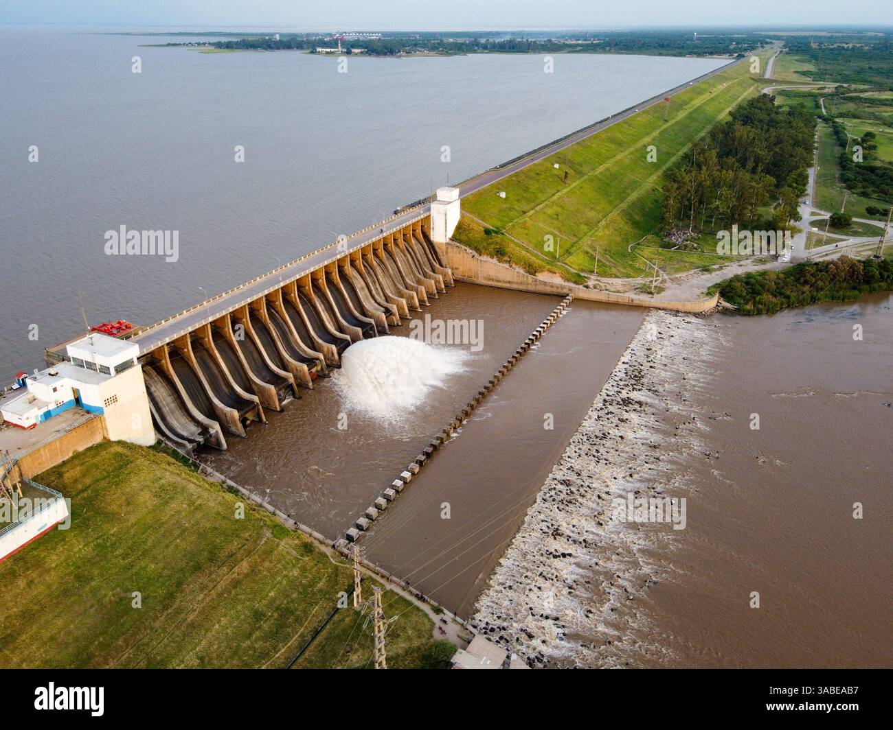 Aerial view of the Rio Hondo Dam, showing high voltage lines, the lake ...