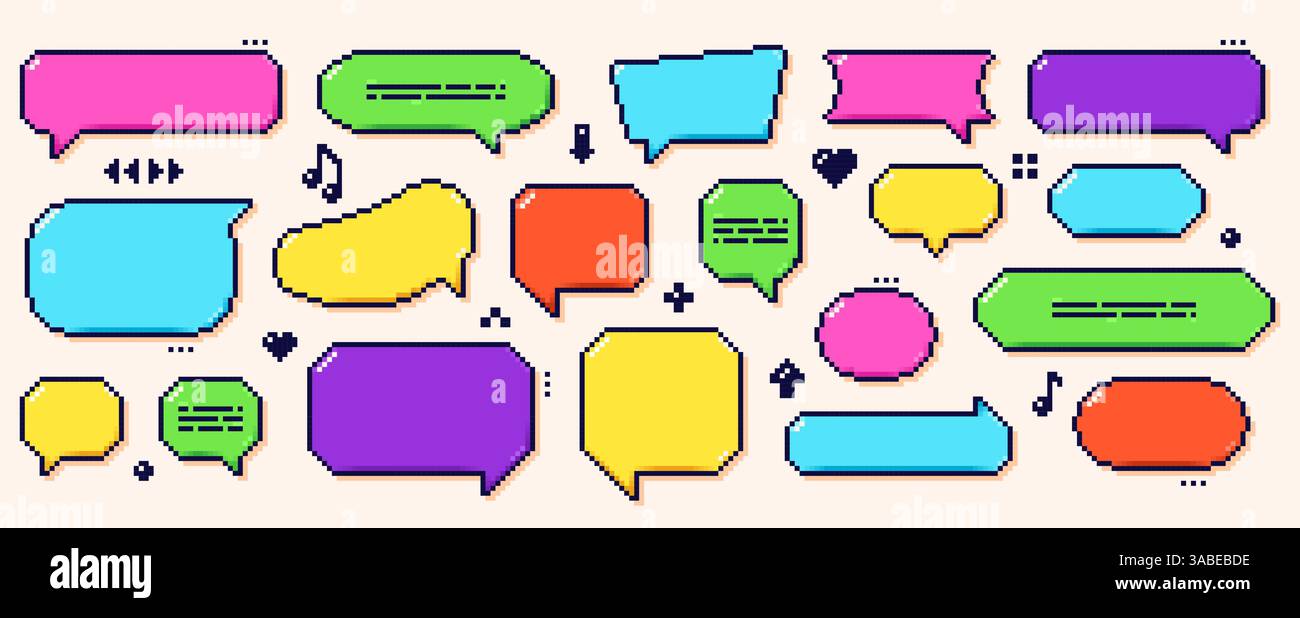 Pixel art color dialogue boxes. Speech bubbles drawn in 8 bit Y2k style ...
