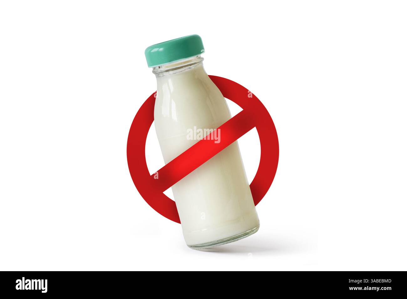 Glass bottle of milk with prohibition sign on white background ...