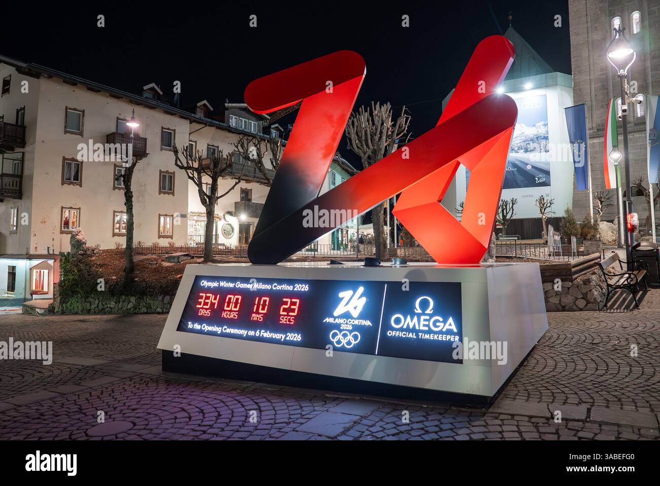 Nighttime View of 2026 Winter Olympics Countdown Clock in Cortina Stock ...