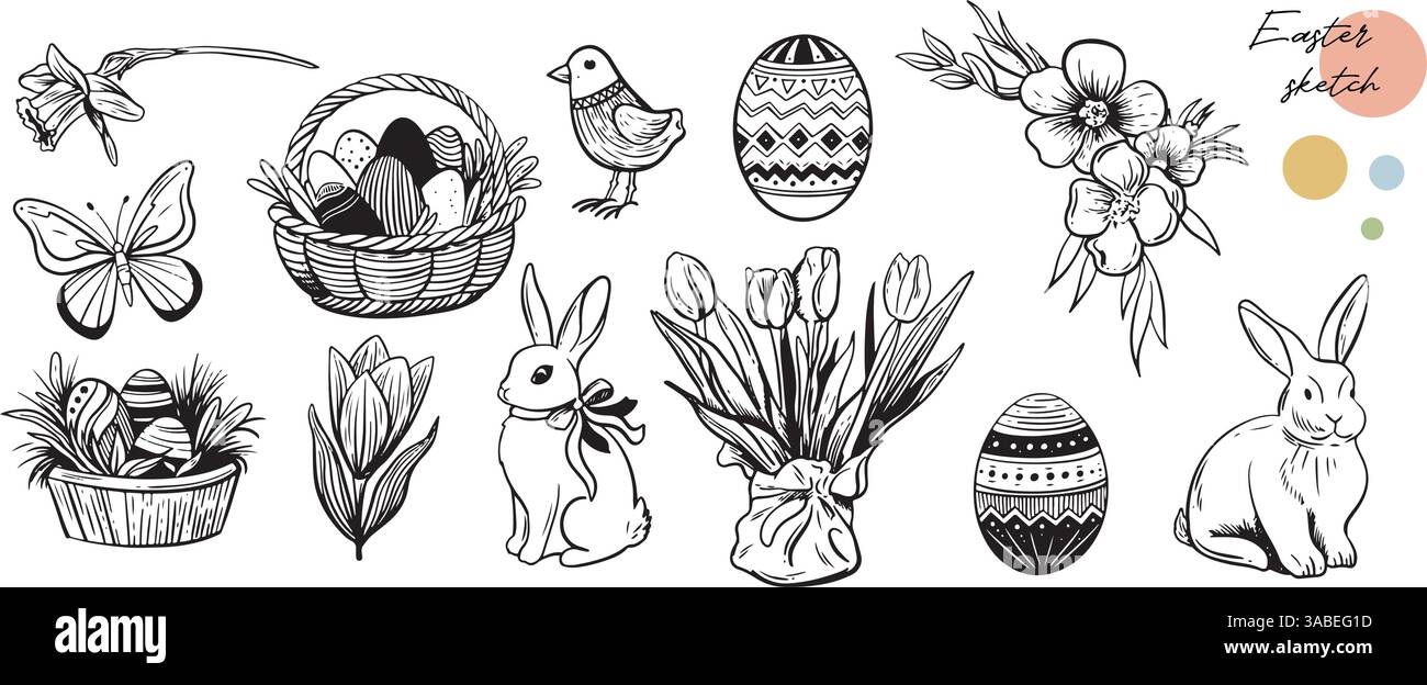 Happy Easter doodle set. Easter bunny, butterfly, chick, eggs, branches ...