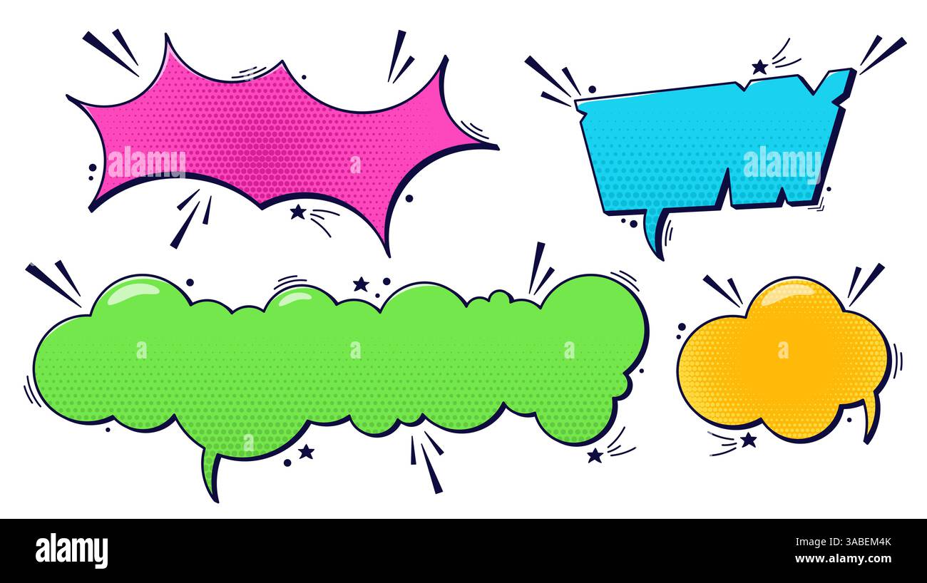 Set of four colorful speech bubbles with halftone elements and dark ...