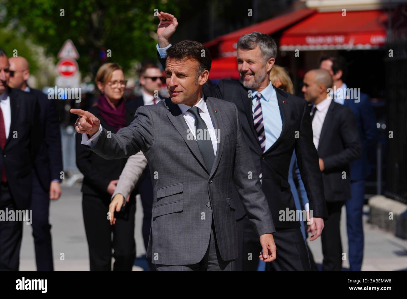 King Frederik X of Denmark and French President Emmanuel Macron arrive to visit Notre Dame ...