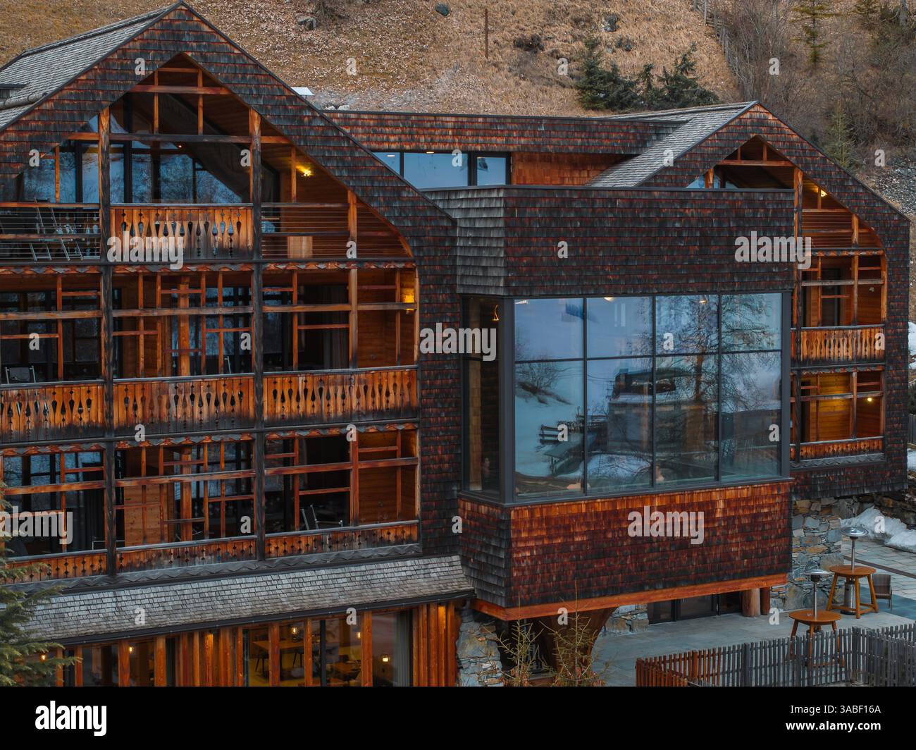 Modern Alpine Hotel with Wooden Facades in the Dolomites, Italy Stock ...
