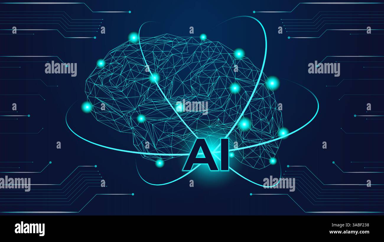 Vector illustration. Neural mesh infused with AI concept symbolizes predictive analysis ...