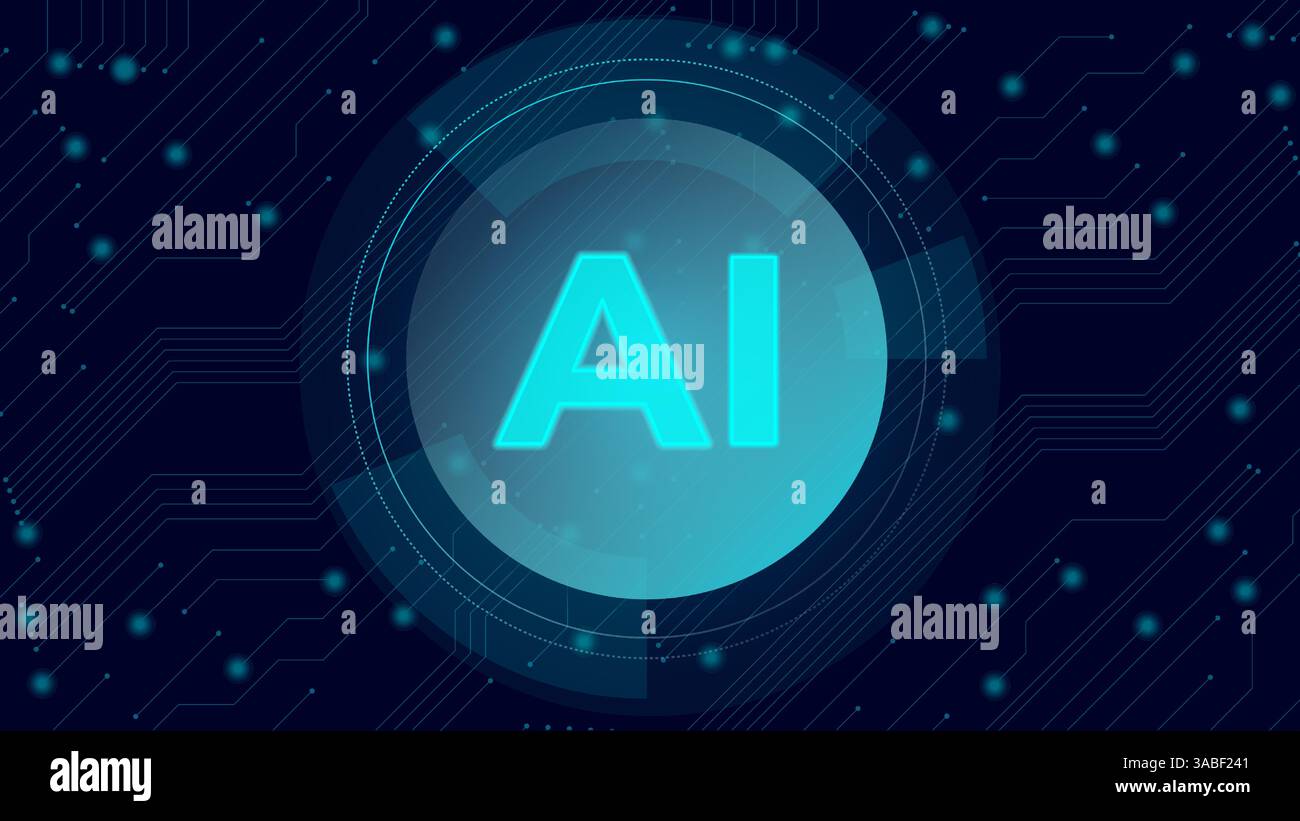 Vector illustration exploring digital economy where glowing AI letters ...