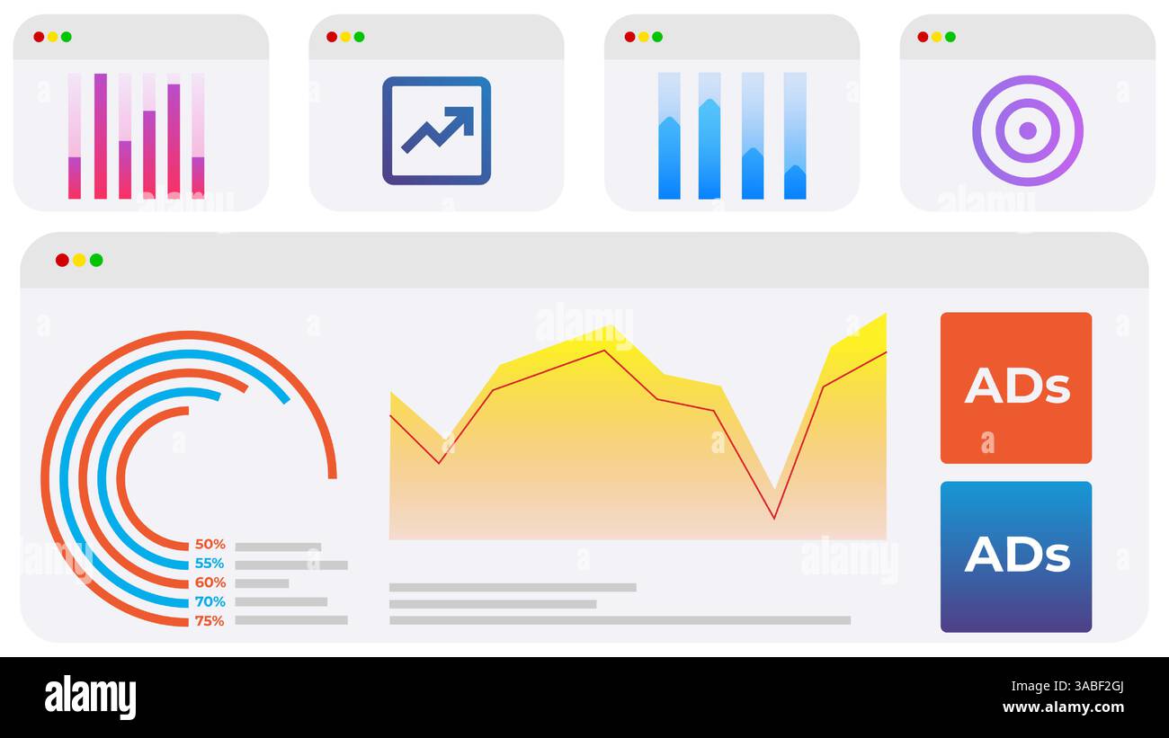 Vector illustration. Demographic icons, bars, and targeting symbols ...