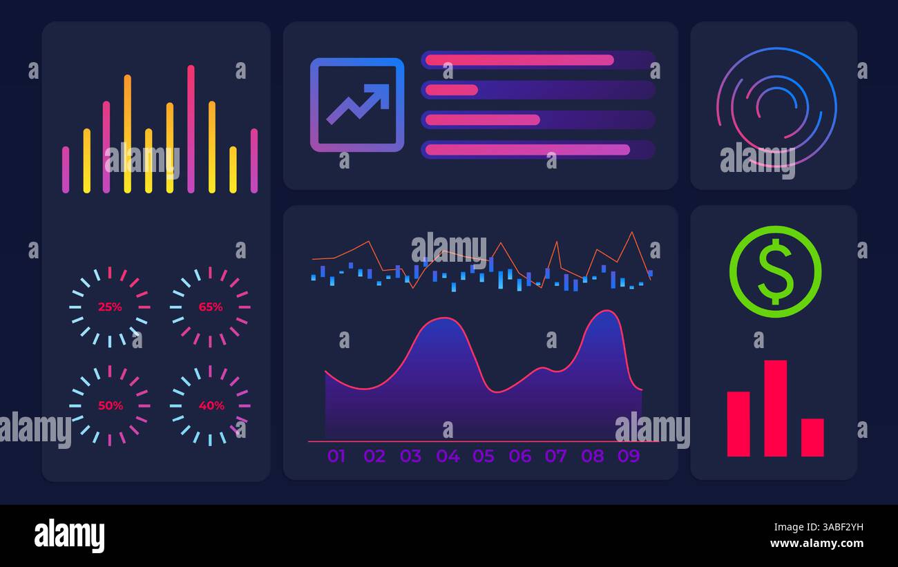 Vector illustration. Meters, sliders, and charts visualize how business ...