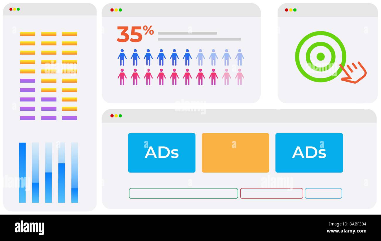 Vector illustration. Progress circles and volatile lines reflect daily ...