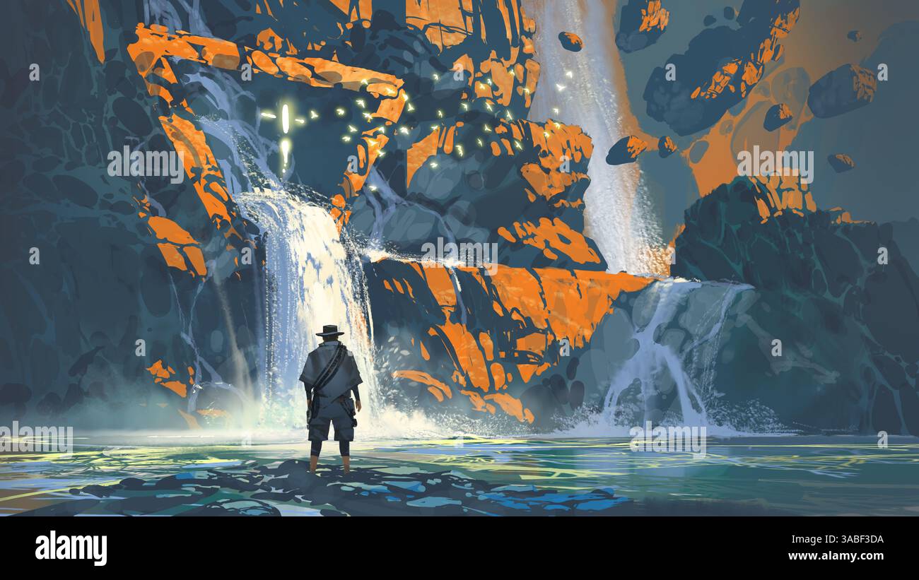 An adventurer stands before a mystical waterfall and glowing triangle ...