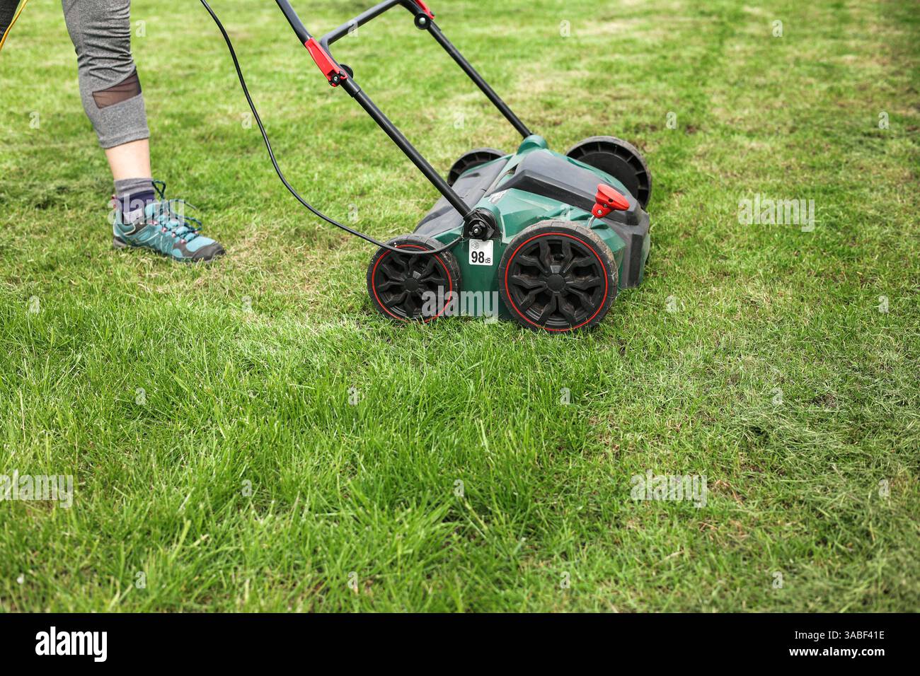 Gardening work tools. Cropped photo of gardener using modern electric ...