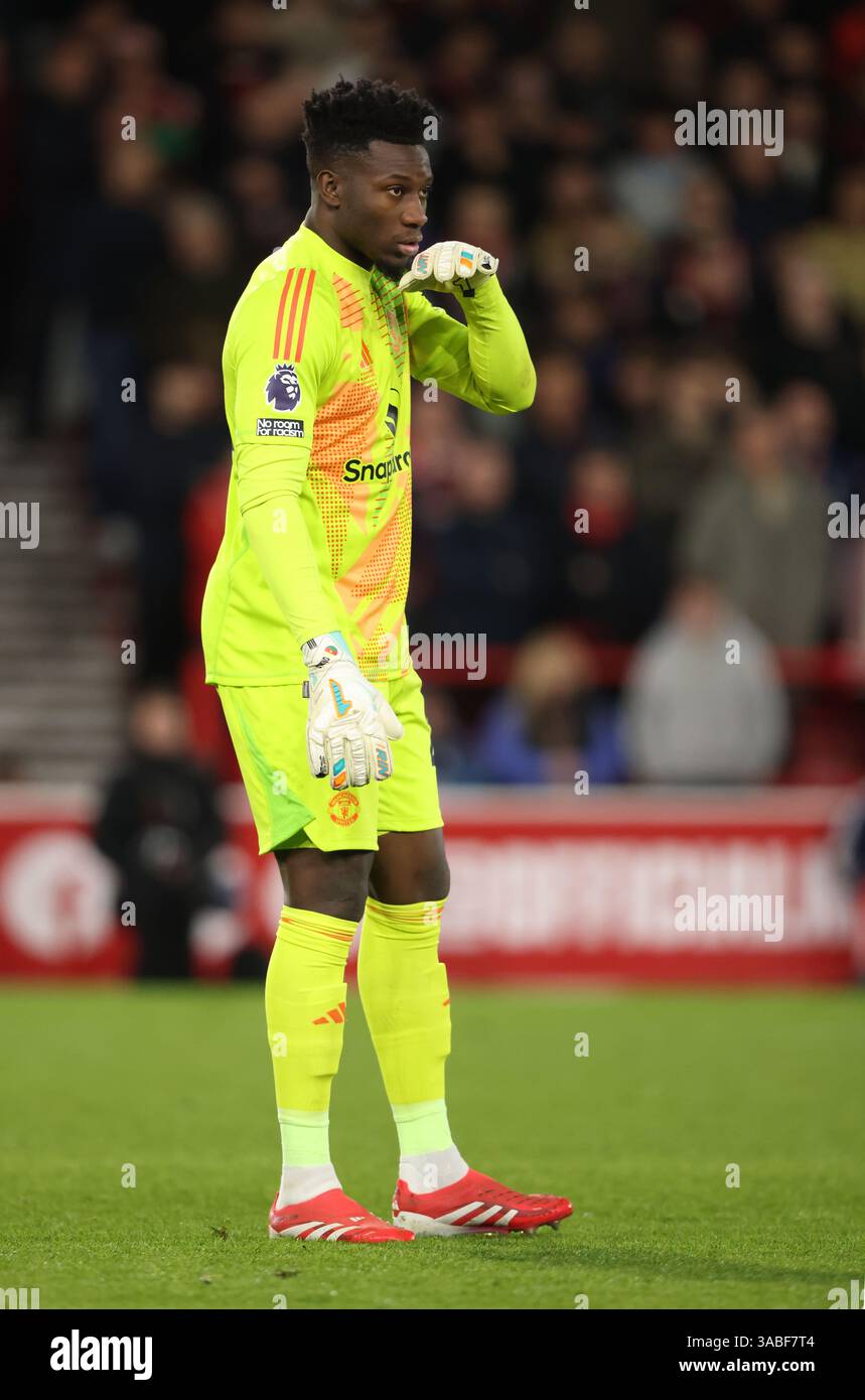 Nottingham, UK. 01st Apr, 2025. Andre Onana (MU) at the Nottingham ...
