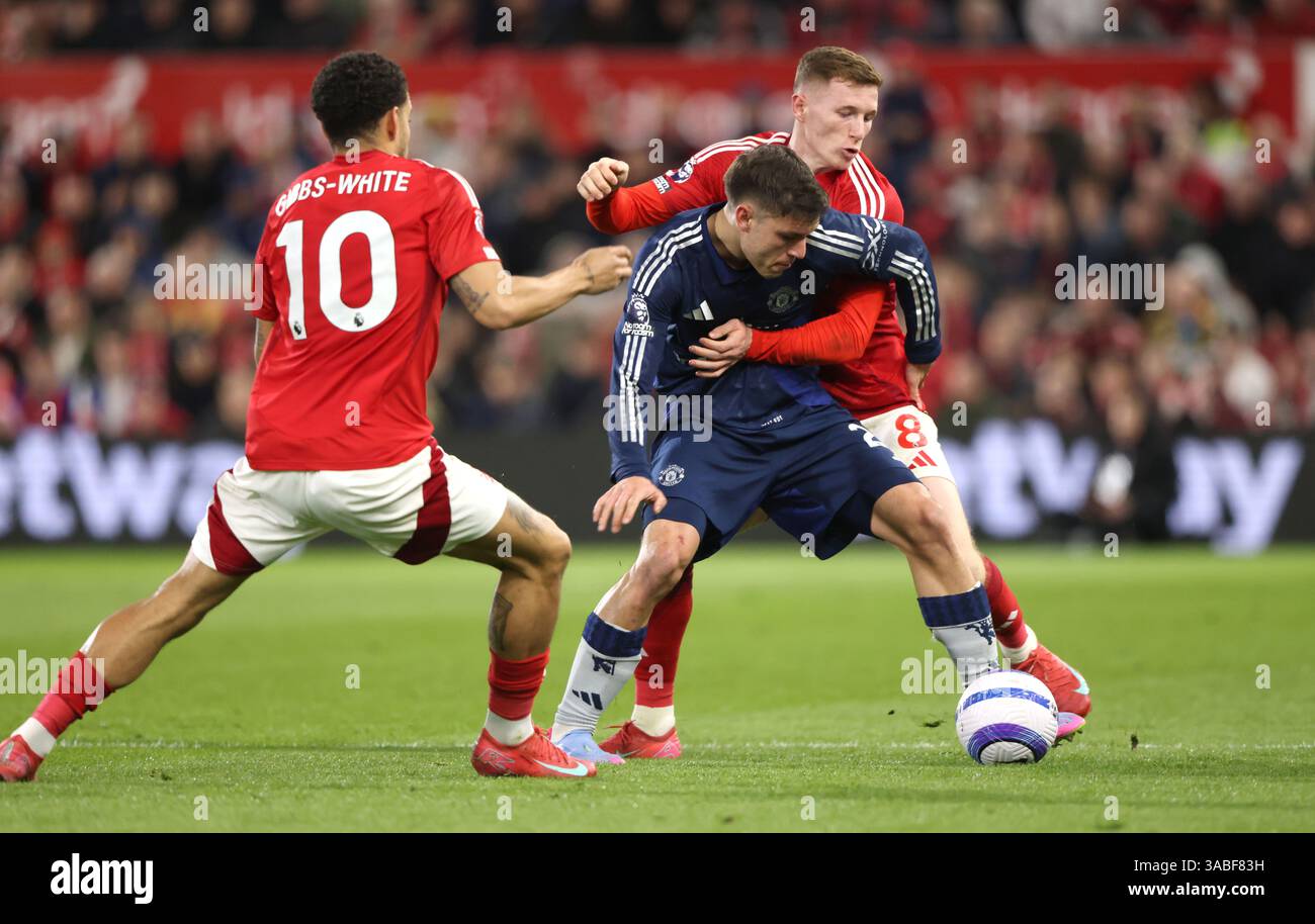 Nottingham, UK. 01st Apr, 2025. Morgan Gibbs-White (NF) Manuel Ugarte (MU) Elliot Anderson (NF ...