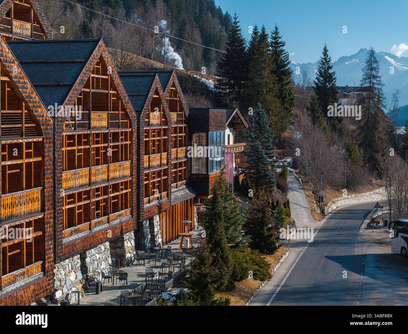 Aerial View of Alpine Hotel in Dolomites with Snow Capped Peaks Stock ...