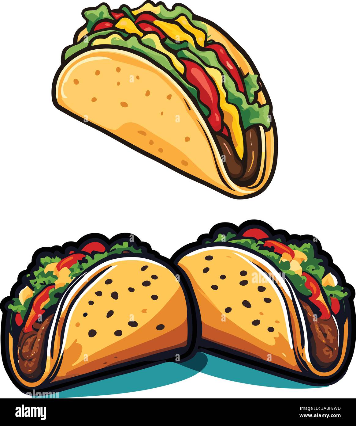 Illustration of three tacos with various fillings, including lettuce ...