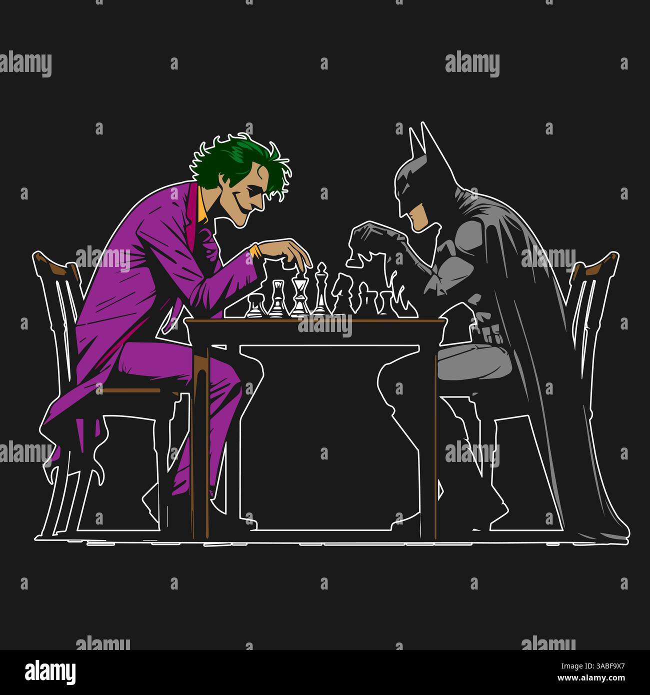 Joker and Batman sitting at the table and playing chess, color flat ...