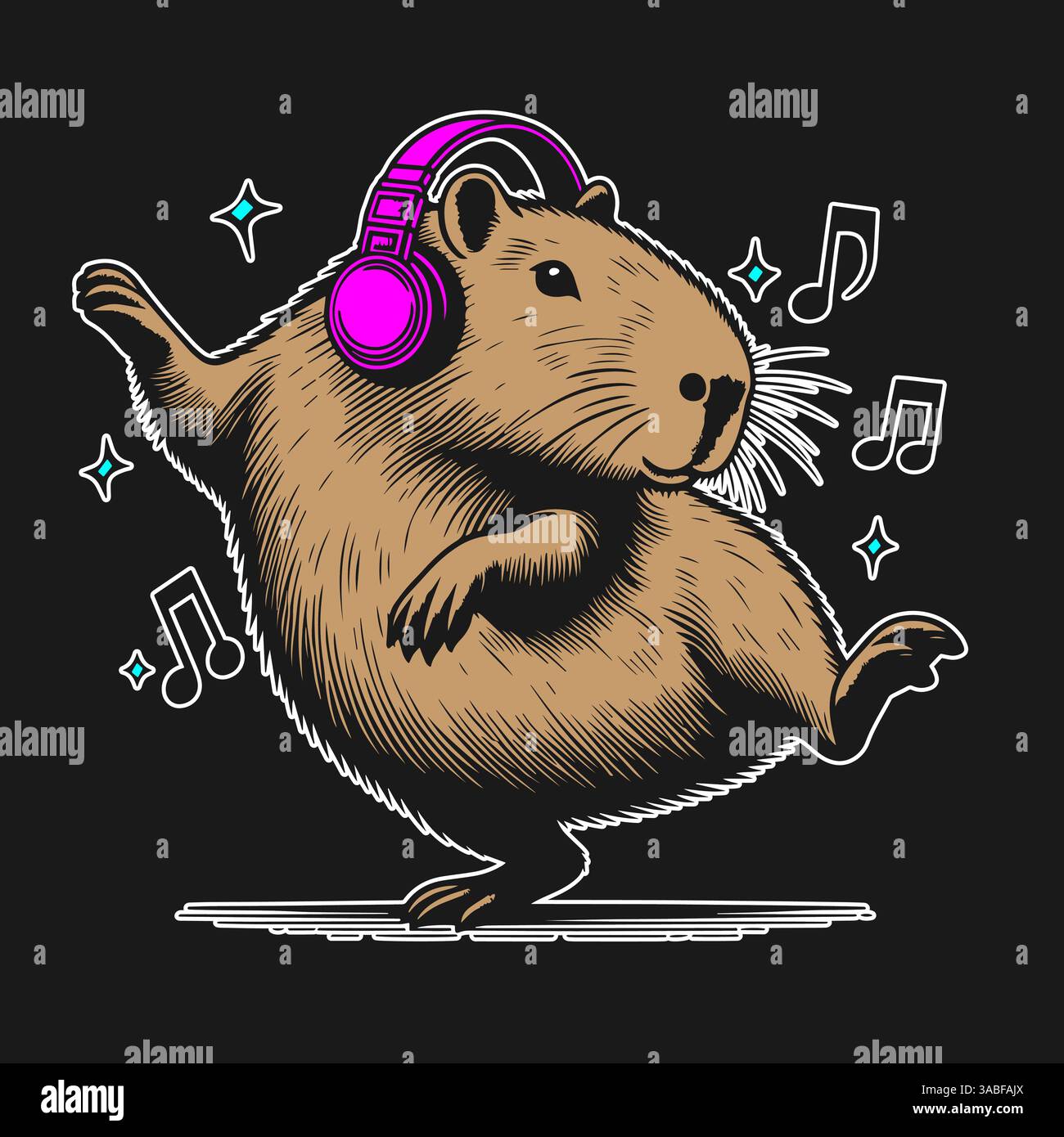 Capybara in headphones dancing, color flat vector illustration on ...