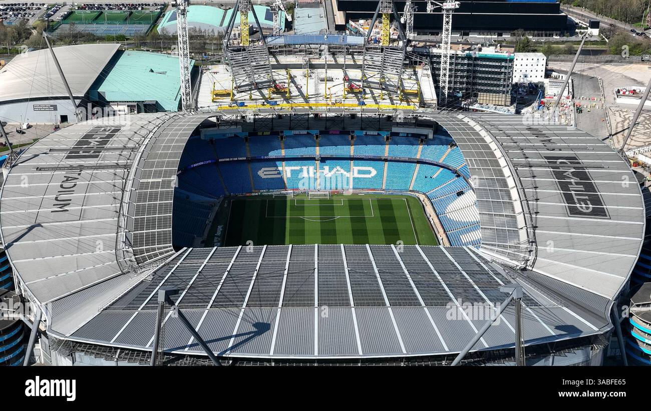 An aerial view of the Etihad Stadium and construction work to the North ...