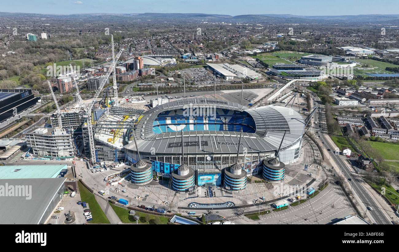 An aerial view of the Etihad Stadium and construction work to the North ...