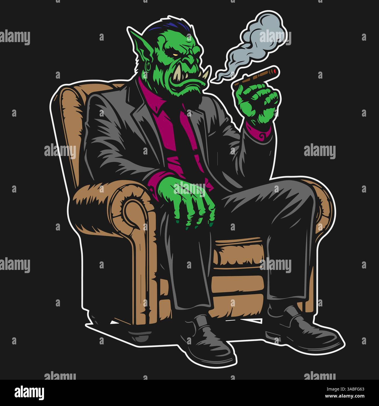 Orc in a business suit sits in a chair and smokes a cigar, color flat ...