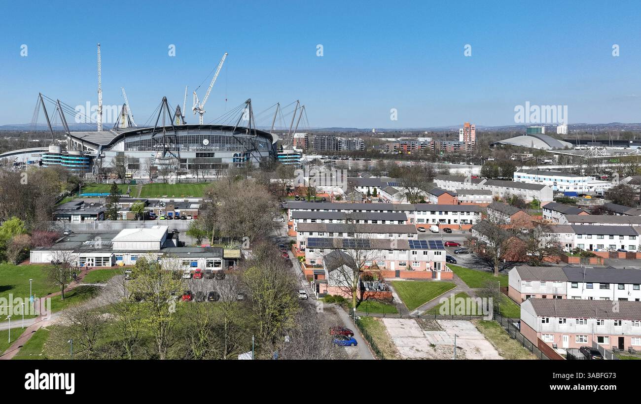 An aerial view of the Etihad Stadium from a local housing estate during ...