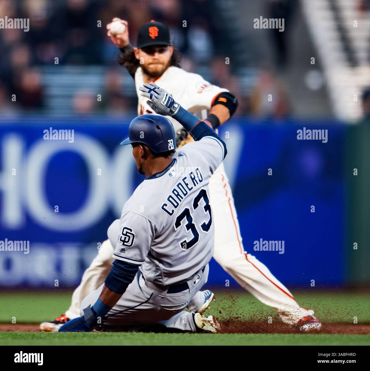 May 01, 2018: San Diego Padres left fielder Franchy Cordero (33) gets caught in a double play ...
