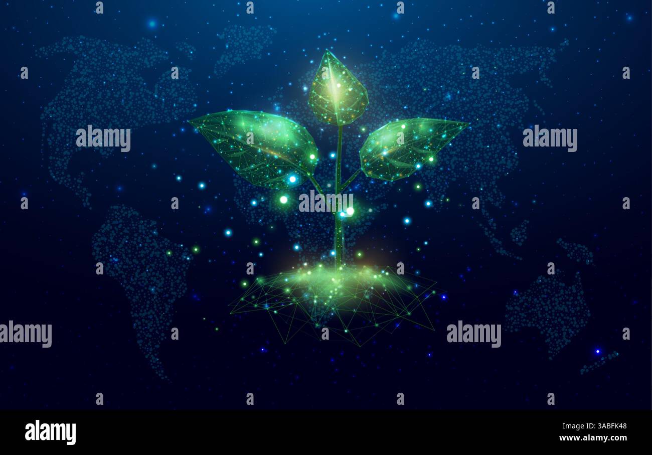 Wireframe polygonal plant with globe map. Plant sprout. Growing plant ...