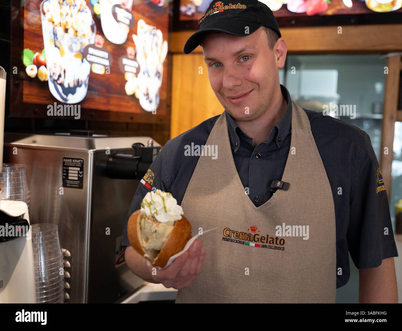 Baden Baden, Germany. 02nd Apr, 2025. Ice cream parlor owner Marco ...