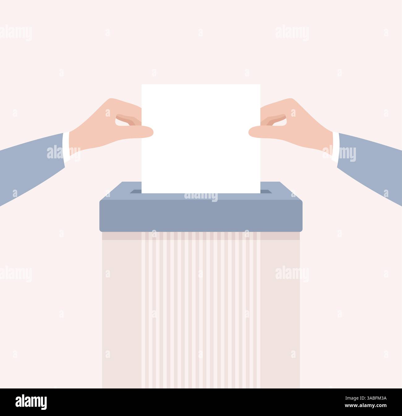 Two hands putting a sheet of paper into a paper shredder, flat vector ...