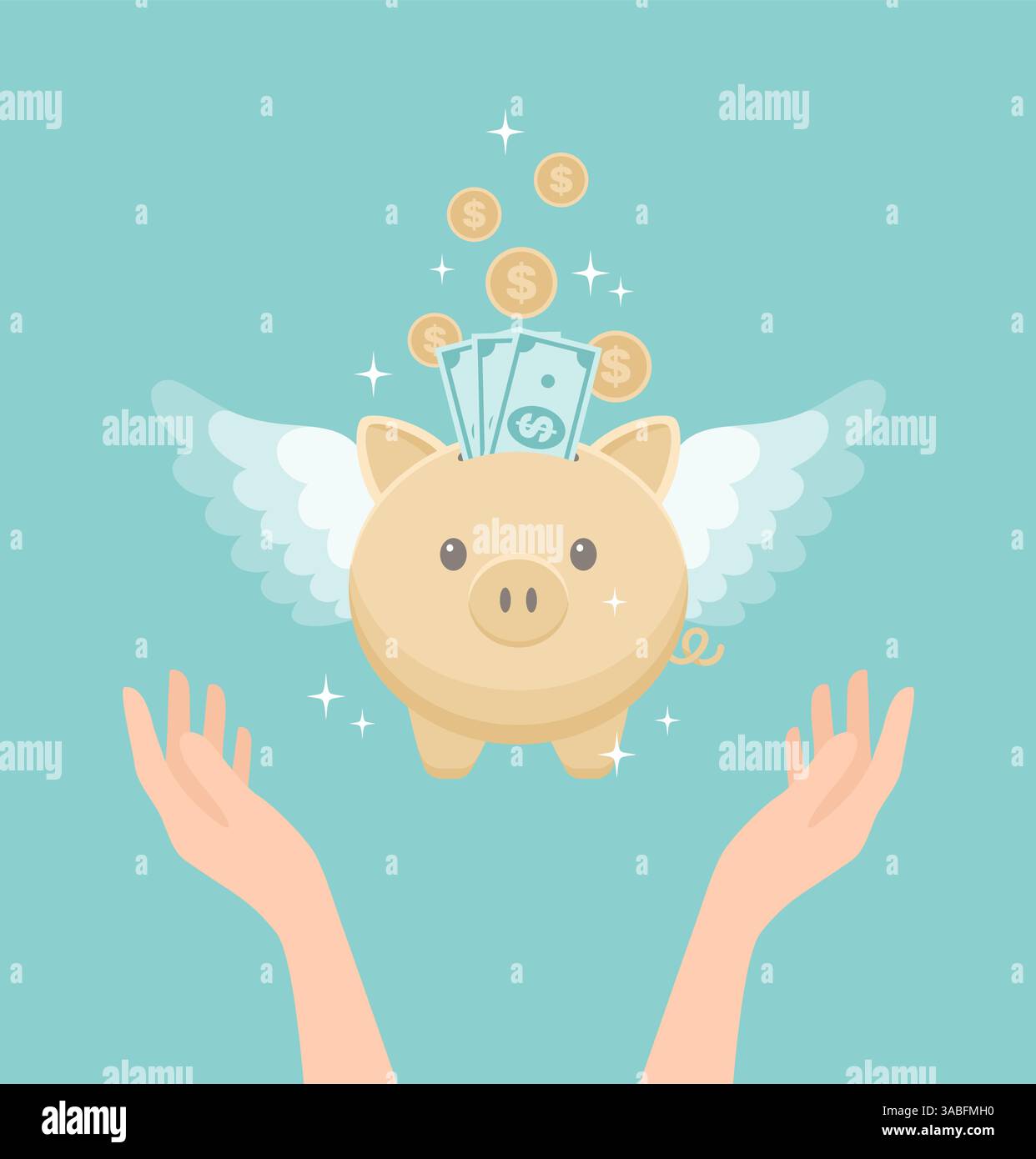 Raised hands with a winged golden piggy bank filled with banknotes and ...