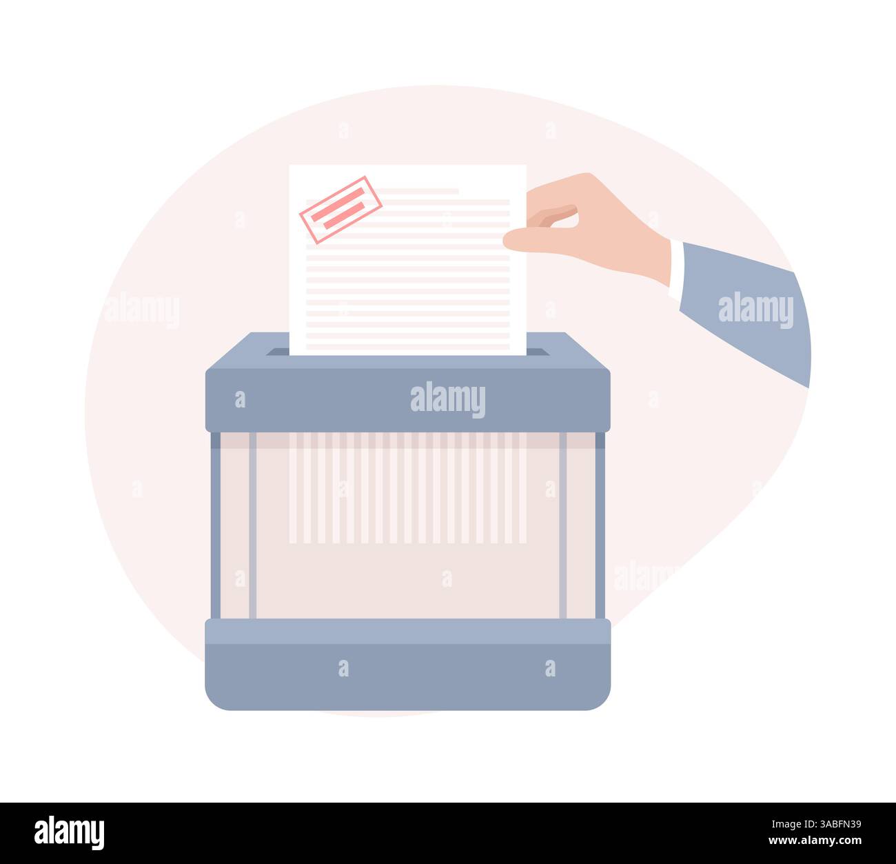 Hand destroying a sheet of paper with confidential information in a paper shredder, flat vector ...