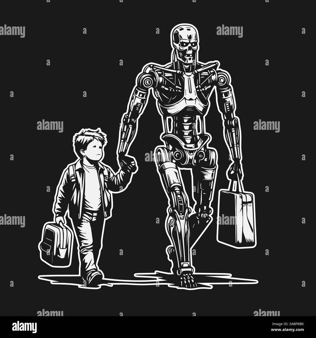 Terminator T-800 leads a boy by the hand to school, black and white ...