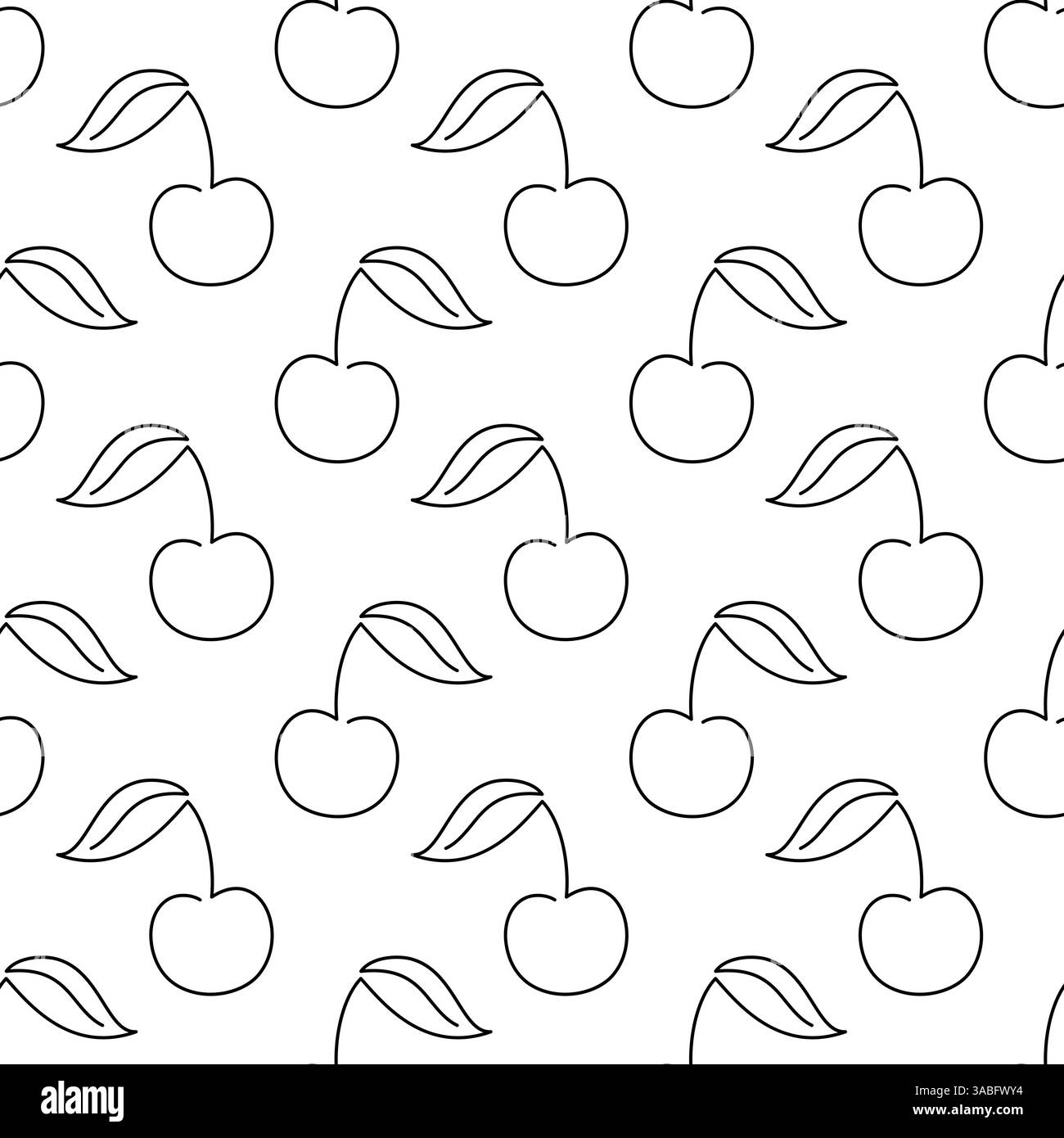 Cherry fruit seamless pattern. Single line illustration. Line art ...