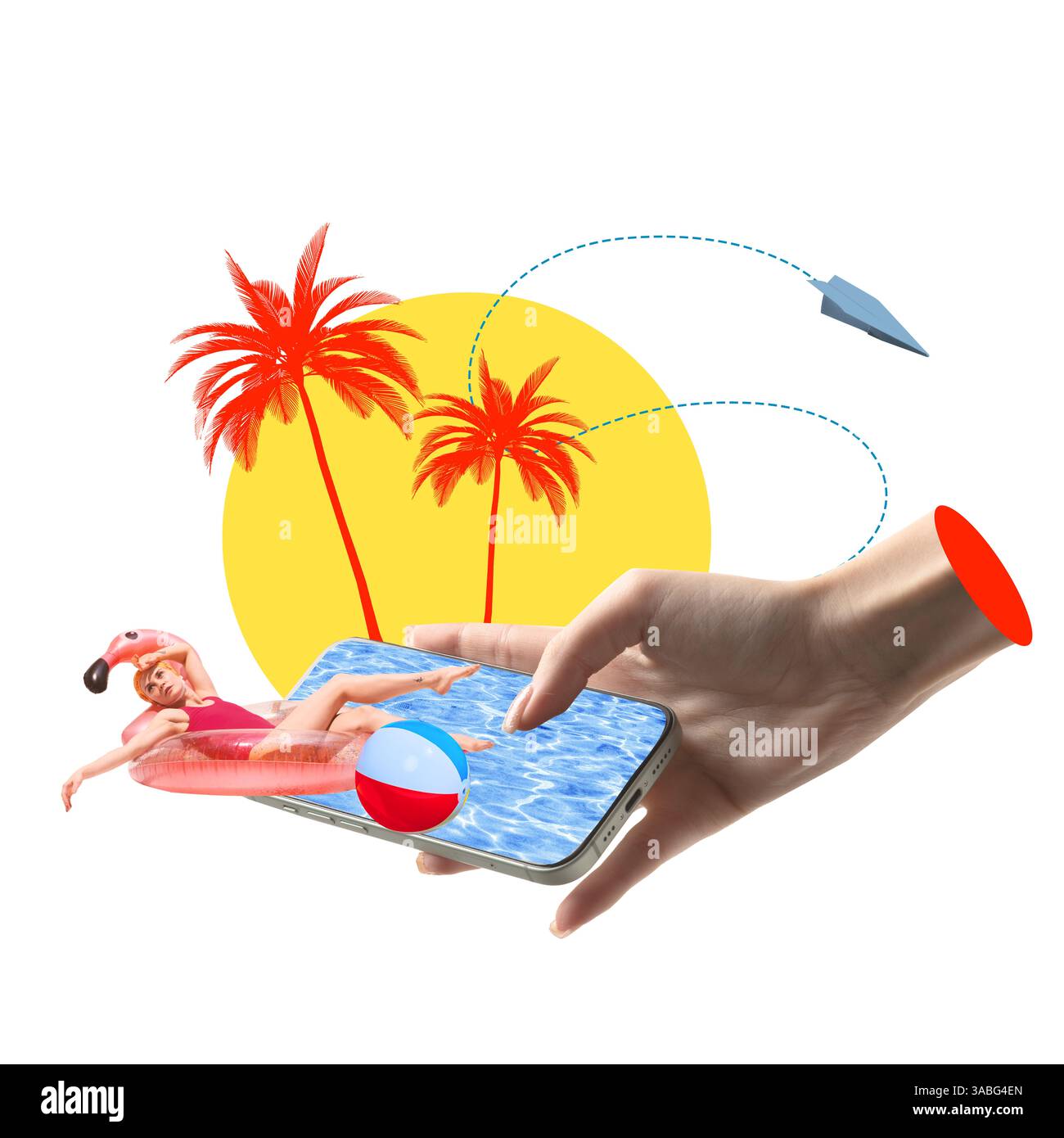 Woman relaxing on flamingo float with beach ball in phone pool under ...