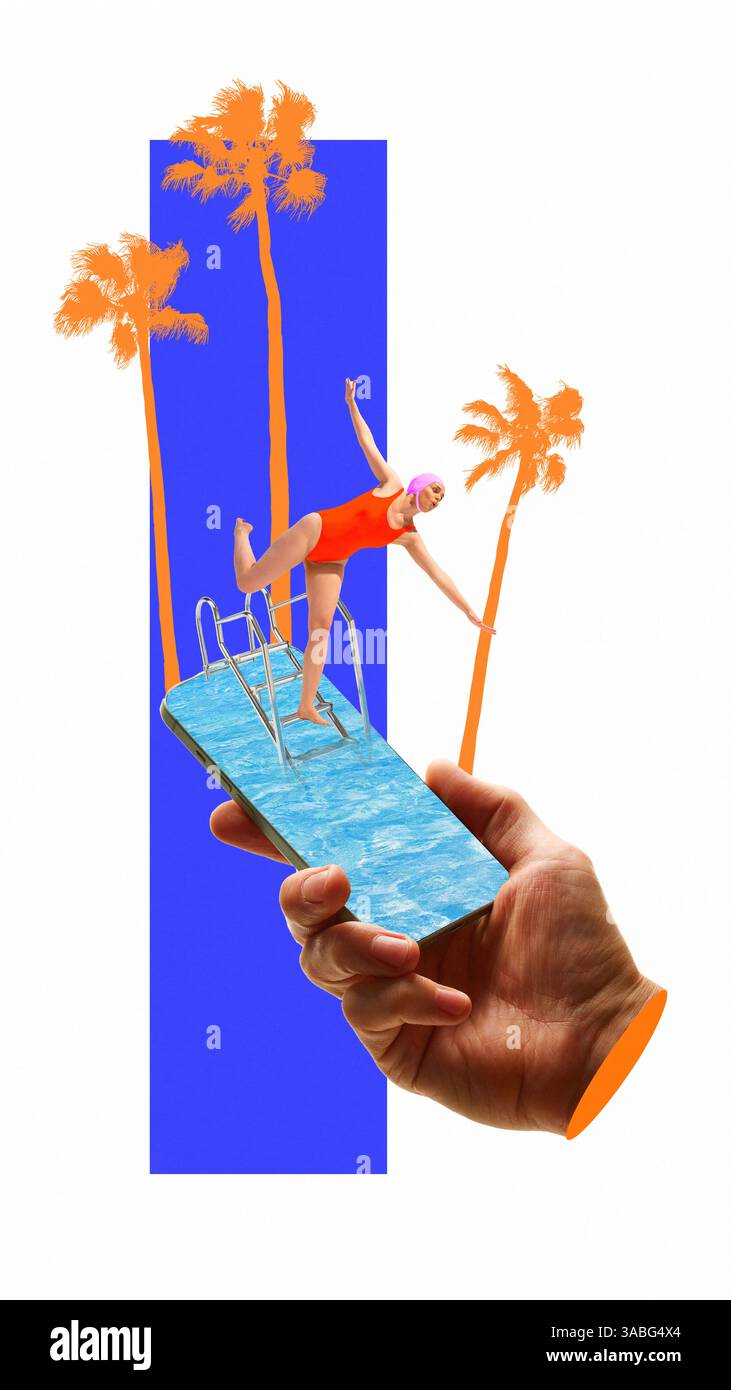 Young woman balancing on pool ladder above phone screen with bold ...