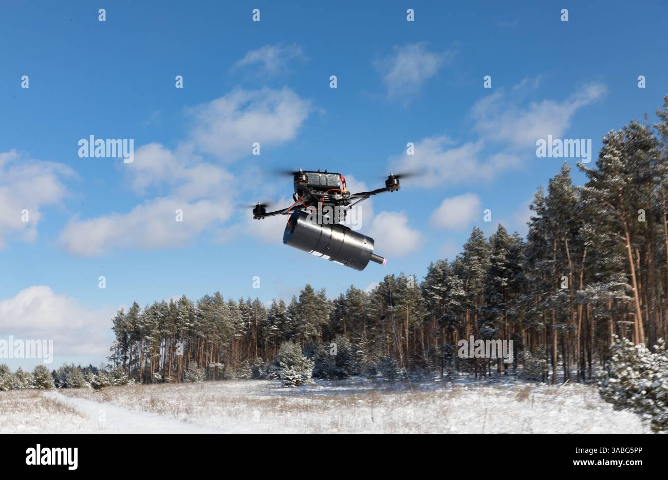 An FPV drone controlled via fibre optics is seen during a test flight ...
