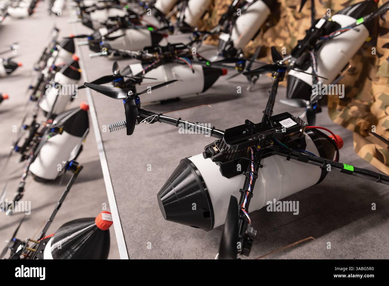 A batch of fibre optic controlled drones are seen before being handed ...