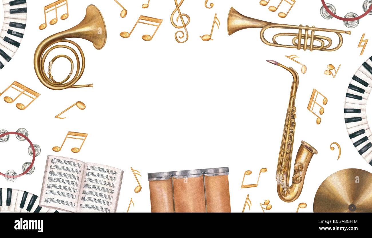 Watercolor percussion, string and wind instruments, musical notes, red ...