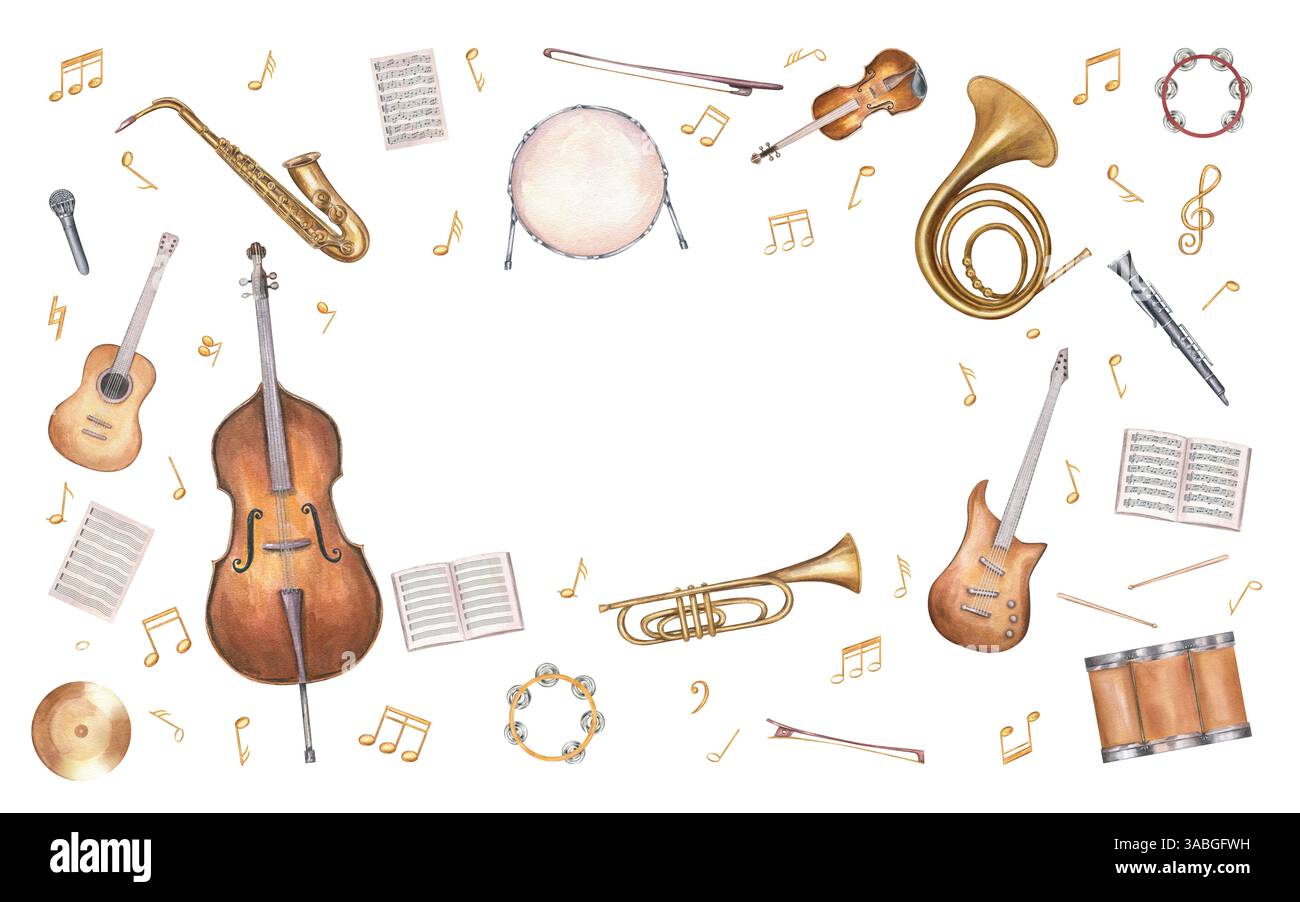 Watercolor musical instruments rectangle border isolated background ...