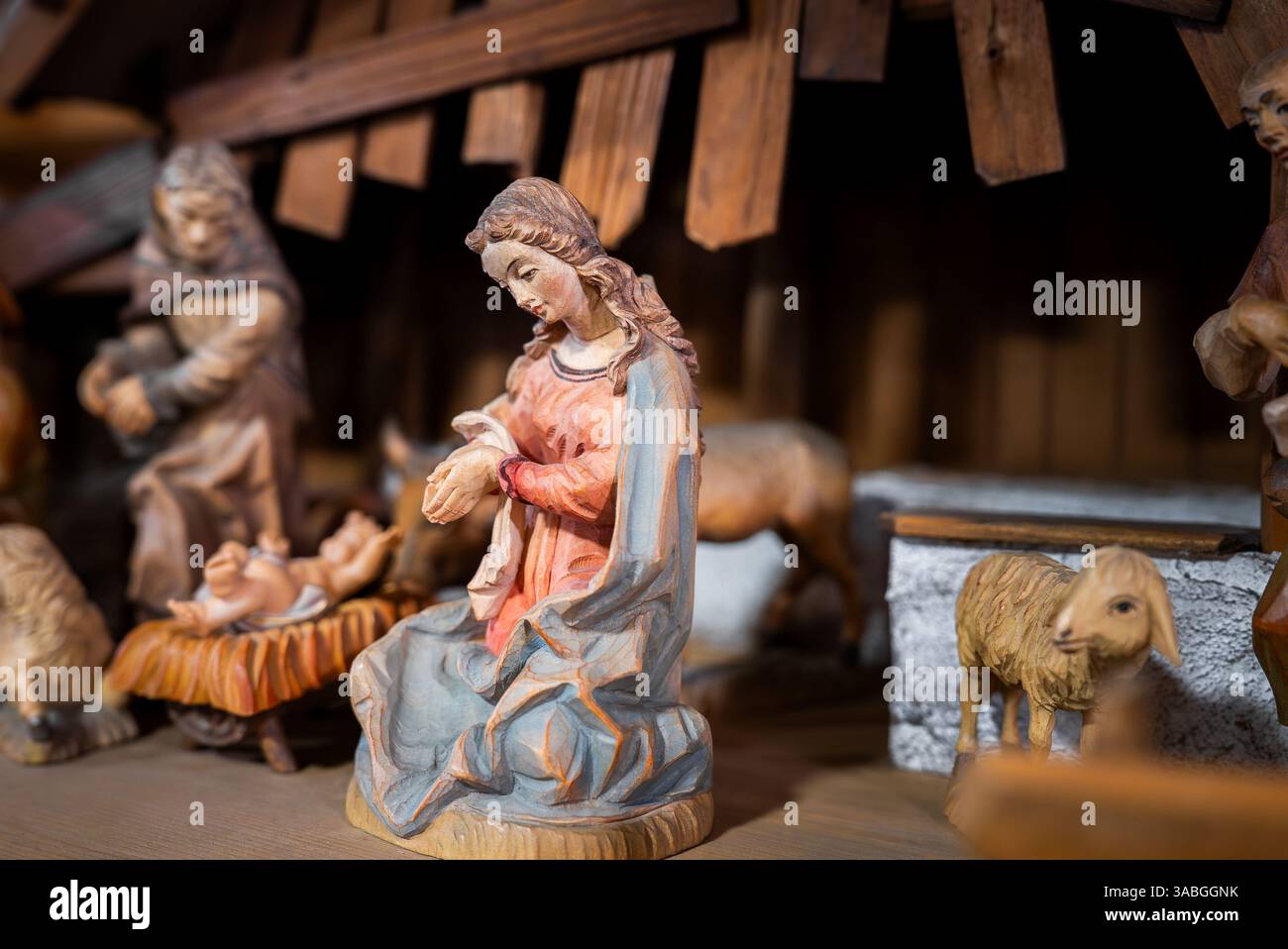Traditional Nativity Scene with Wooden Figurines in Cortina Stock Photo ...