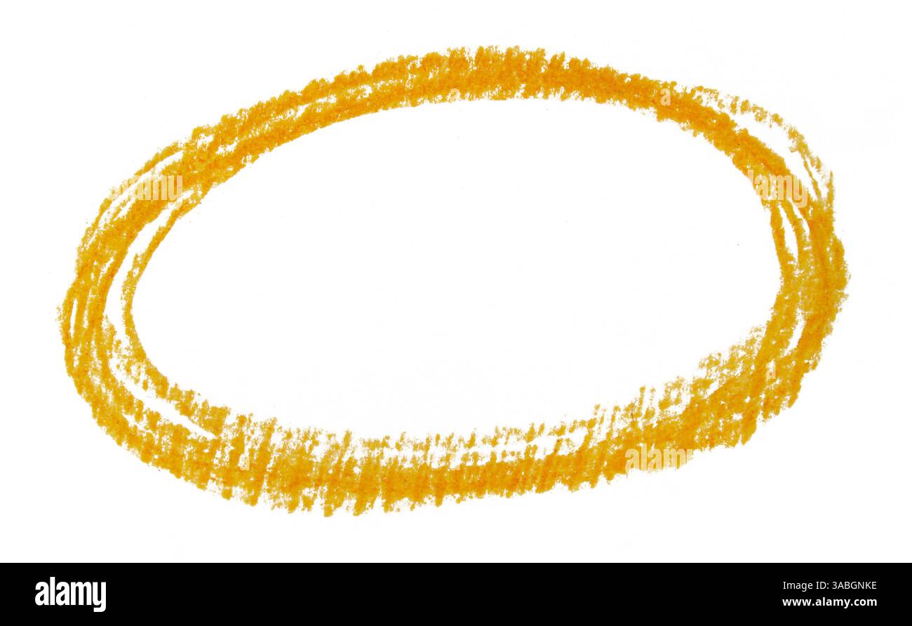 Round doodle drawn with orange crayon on white background highlight ...