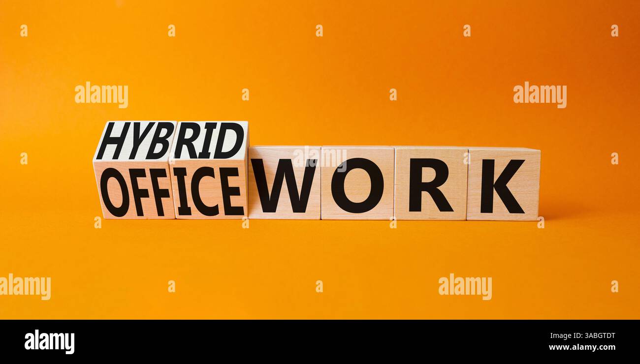 Hybrid work and office work symbol. Turned wooden cubes with words ...