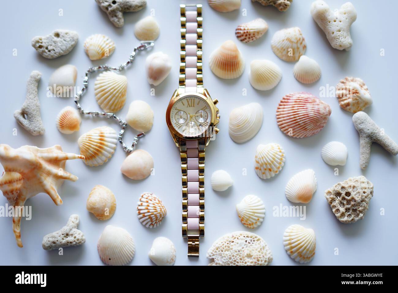 gold color hand watch, necklace and sea shells concept image on white ...