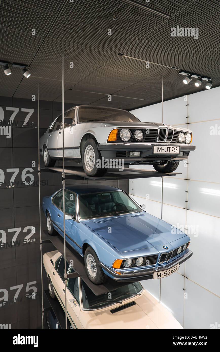 Vertical Display of Classic BMW Cars at BMW Museum in Munich Stock ...
